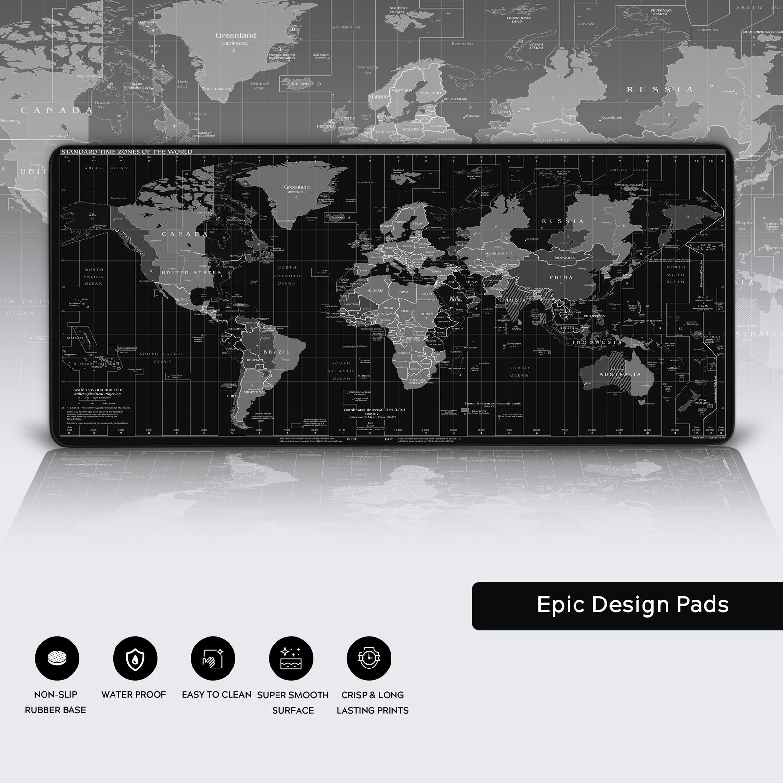 World Map Desk Mat – Monochrome Global Atlas Design, Large Extended ...