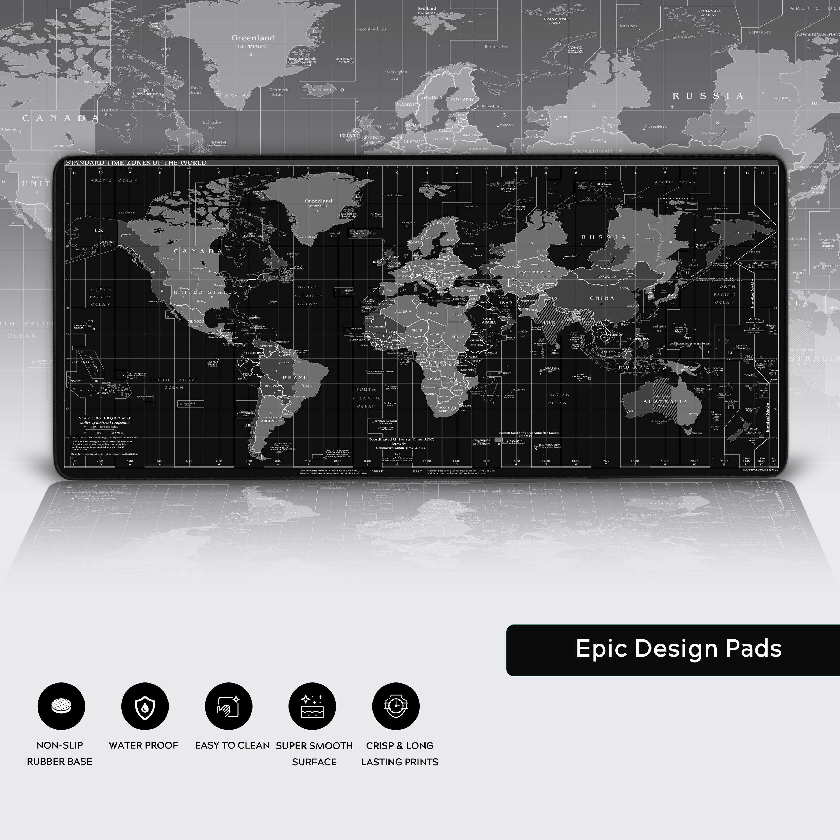 World Map Desk Mat – Monochrome Global Atlas Design, Large Extended ...