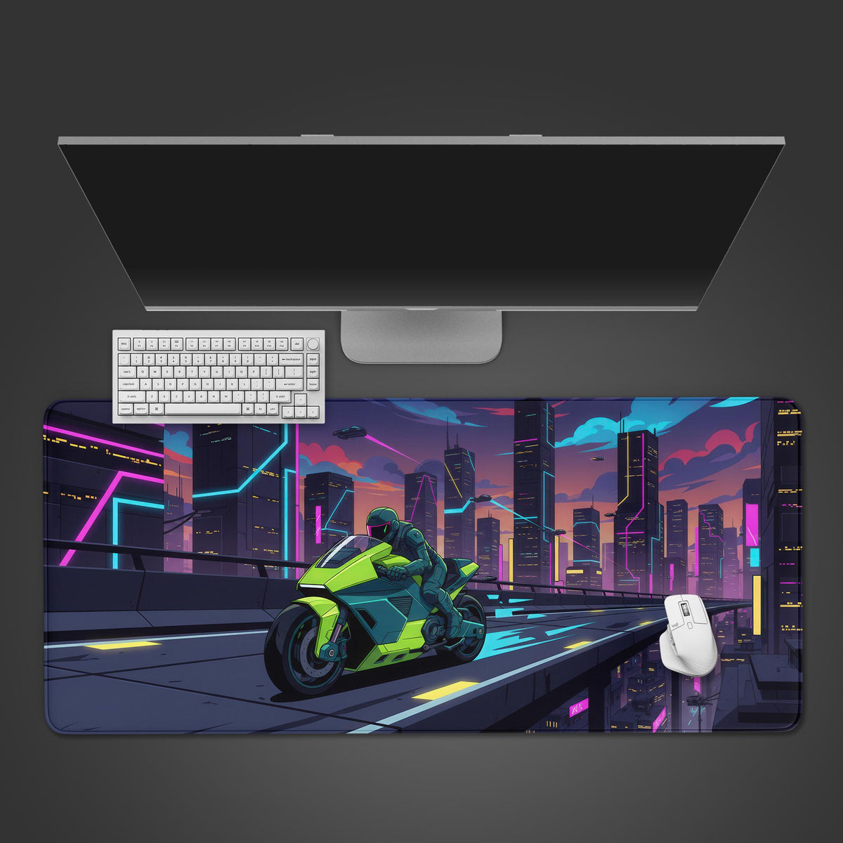 Cyber Racer Desk Mat – Cyberpunk Cityscape Design, Large Extended Mouse ...