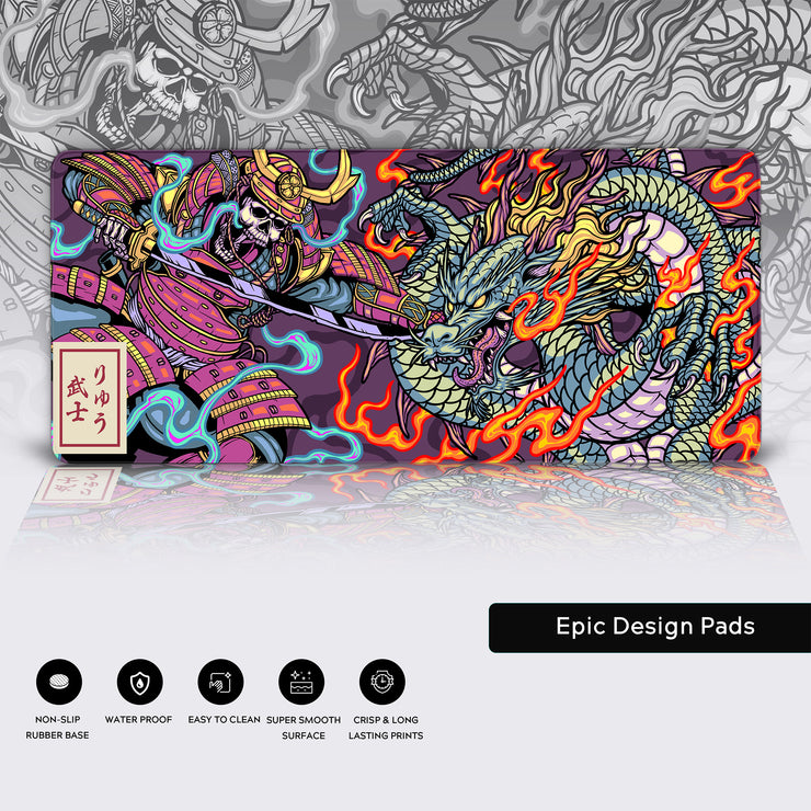 Skeleton & Dragon Desk Mat, Fiery Samurai Pad, Japanese Fantasy Desk ...