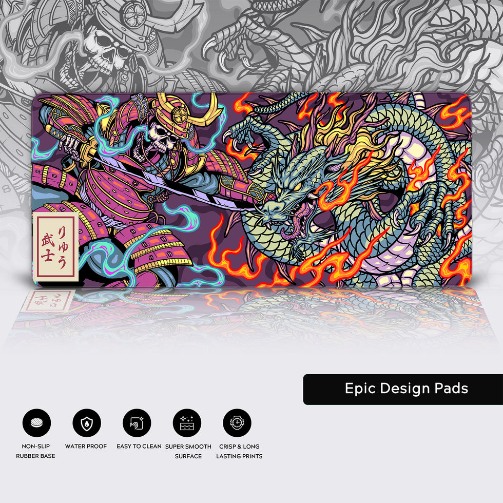Skeleton vs Dragon Desk Mat, Fiery Samurai Pad, Japanese Fantasy Desk ...