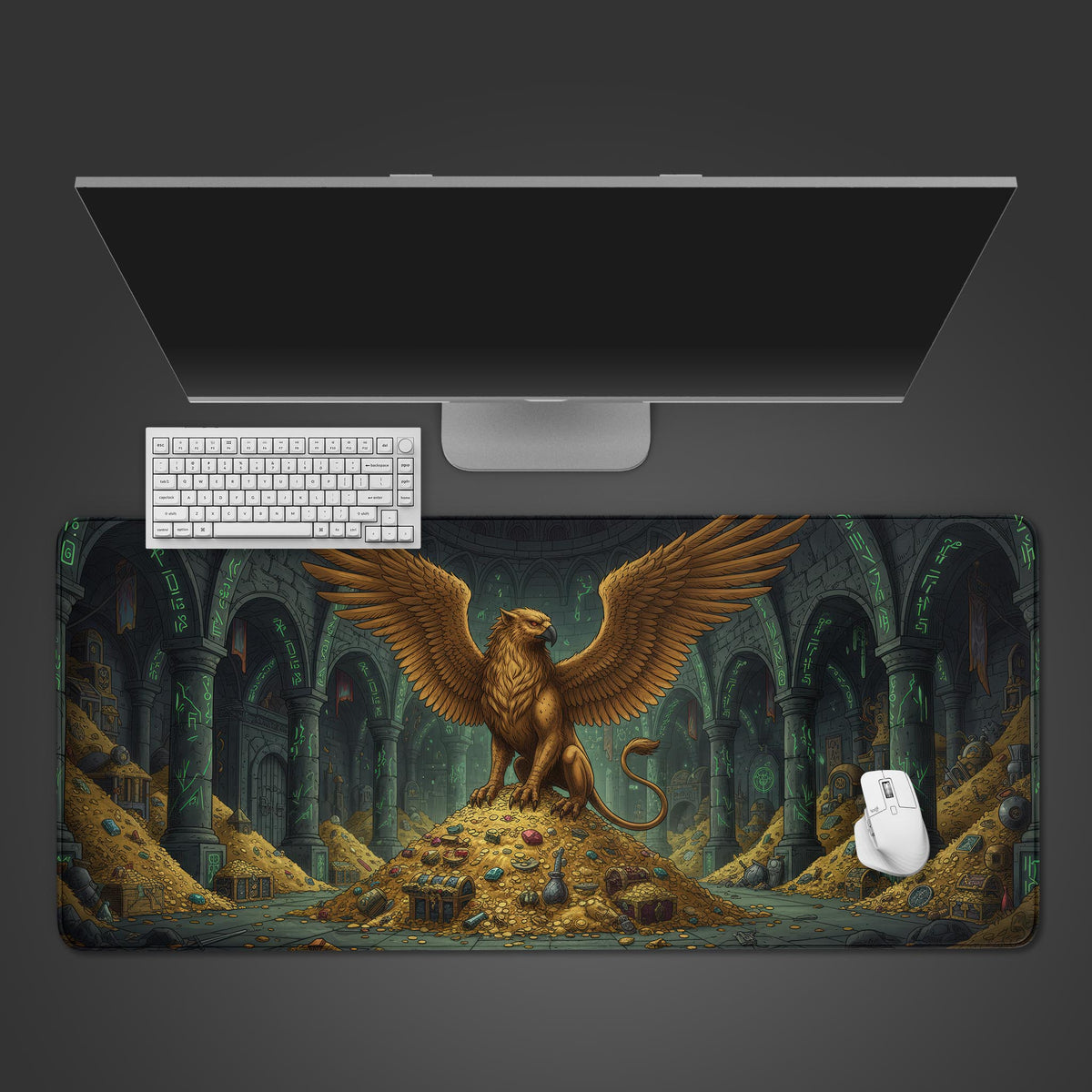 Griffon Desk Mat – Mythical Beast on Gold Hoard, Large Gaming Mouse Pad ...