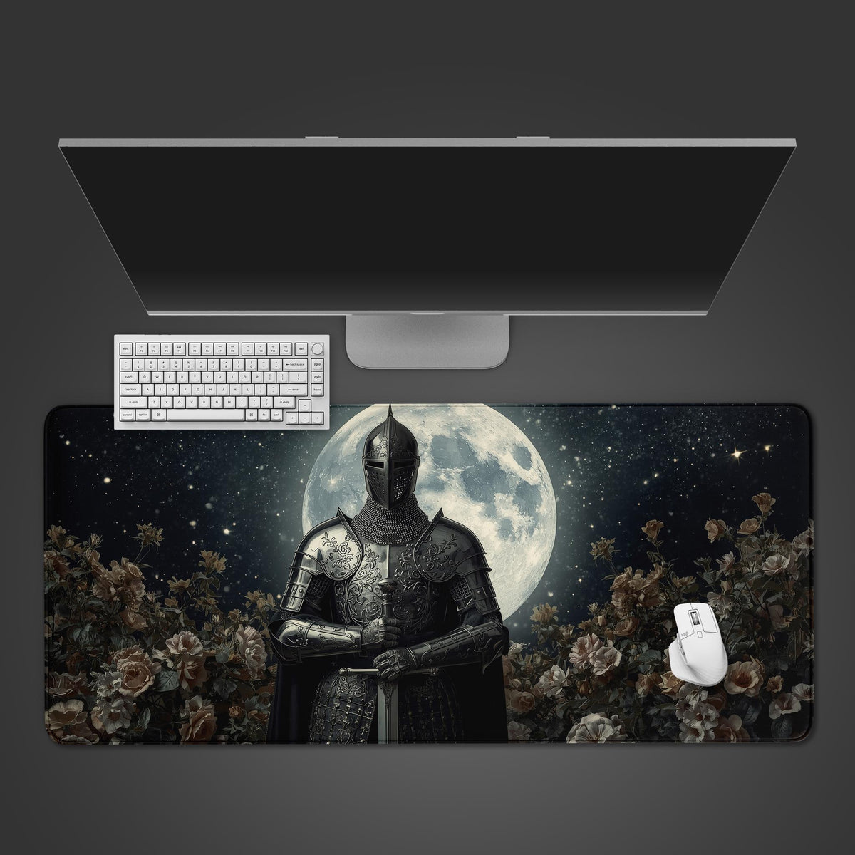Knight's Vigil Desk Mat – Moonlit Armor & Rose Design, Large Gaming ...