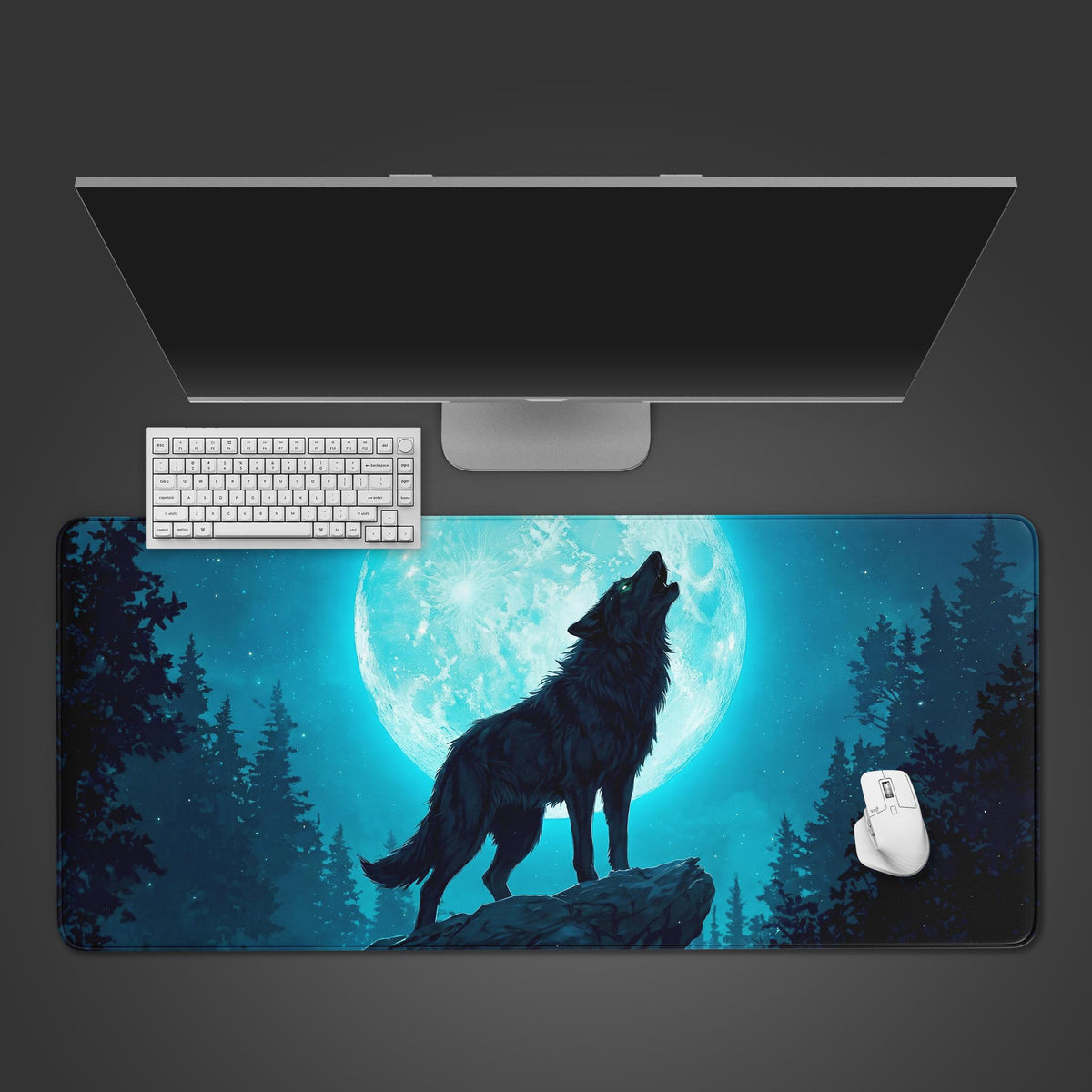 Lunar Wolf Desk Mat – Howling at the Moon Design, Large Extended Mouse ...