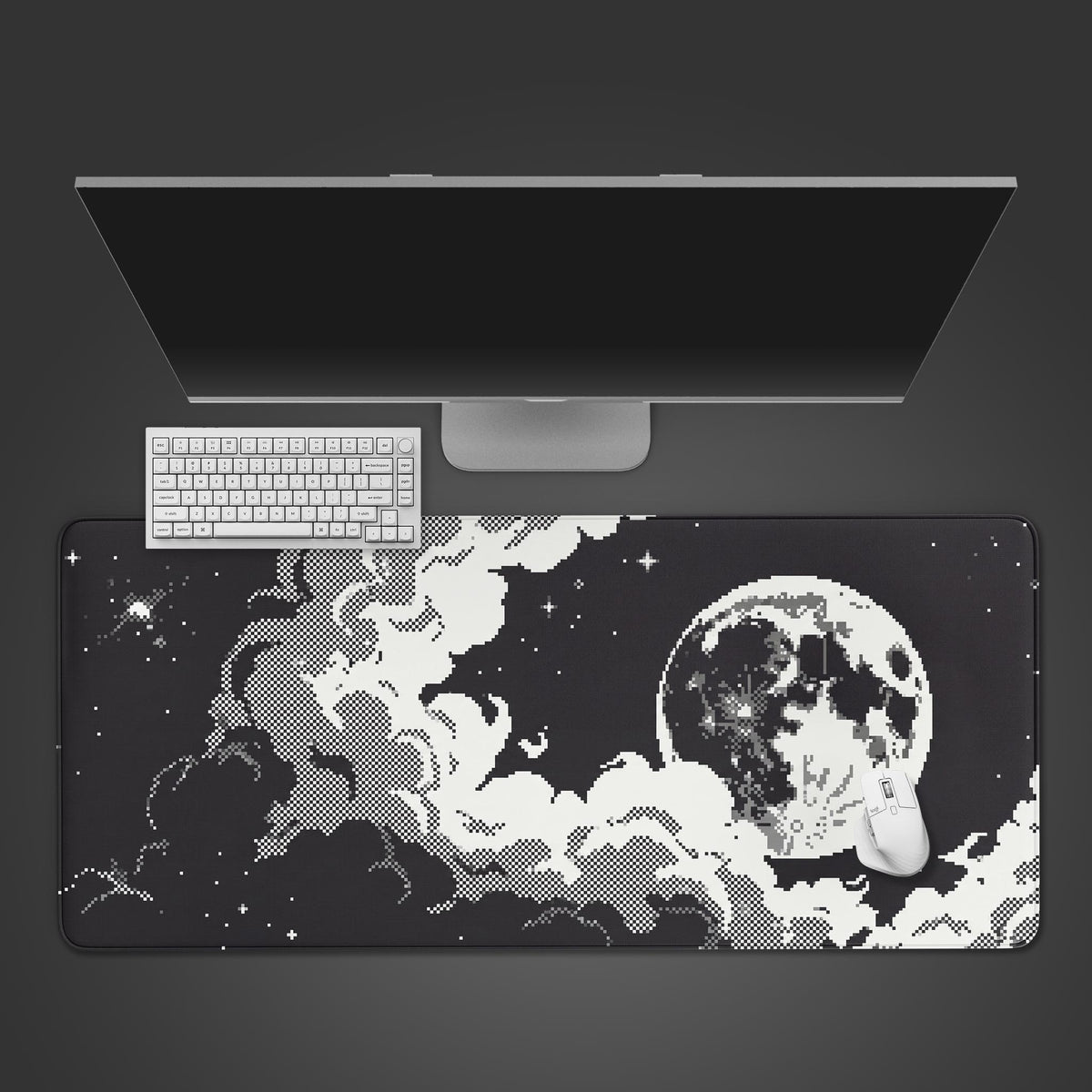 Black and White Desk Mat – Lunar Static Retro Pixel Art, XL Gaming ...