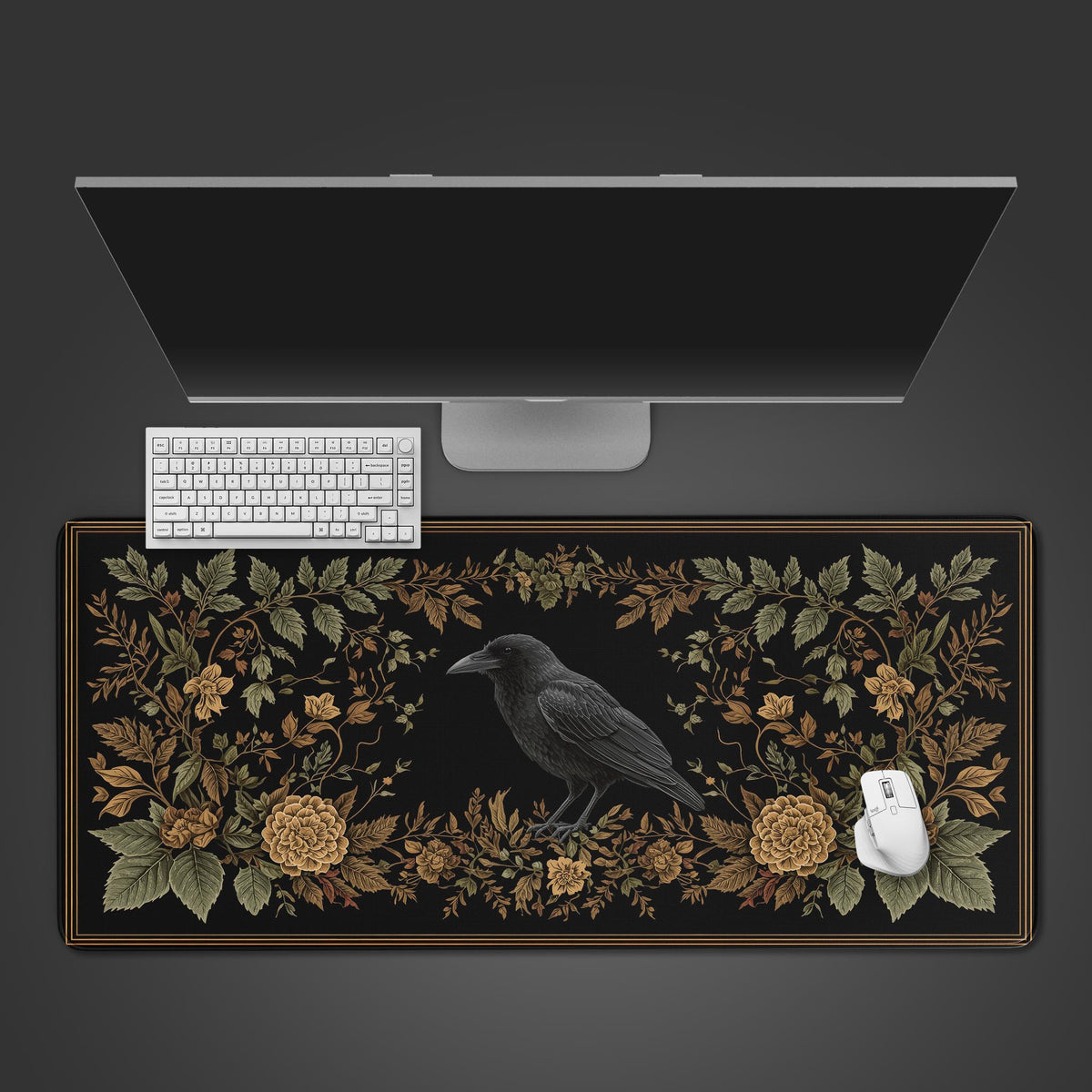 Ornate Raven Desk Mat – Gothic Crow & Floral Design, Large Extended ...