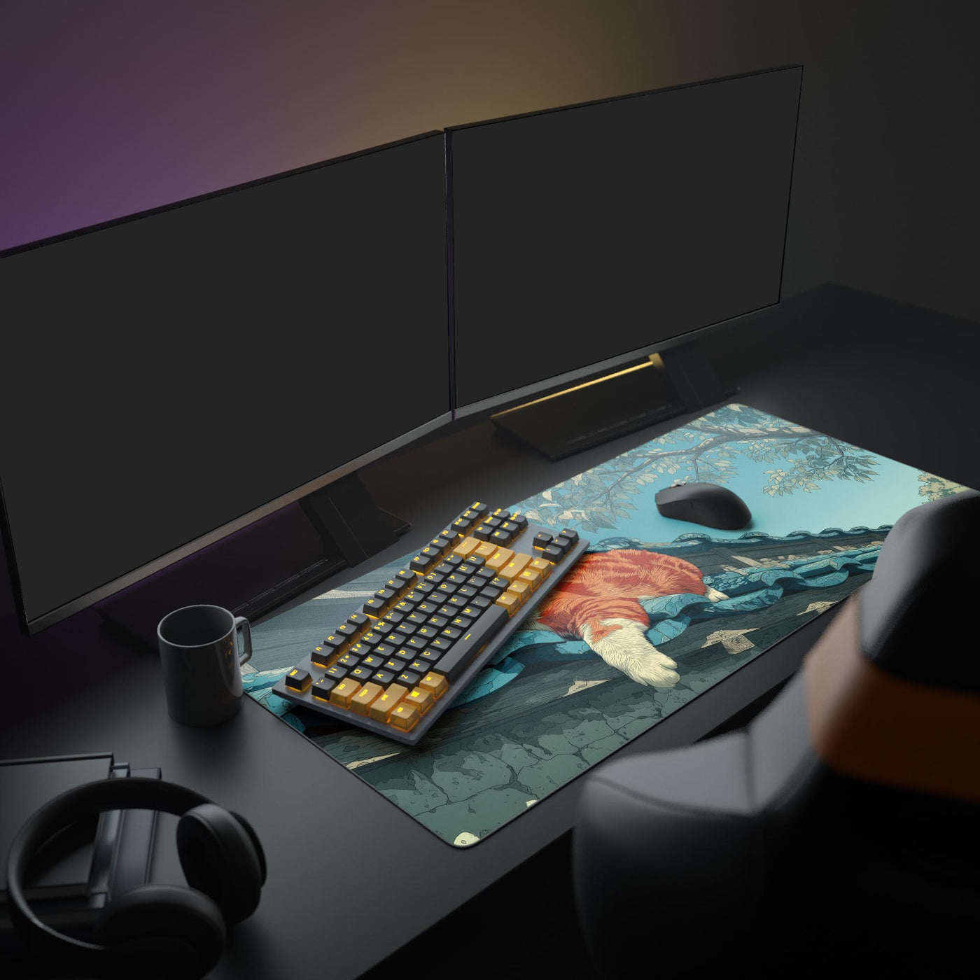 Anime Desk Mat – Rooftop Nap Cat on Japanese Roof, Large Mouse Pad ...