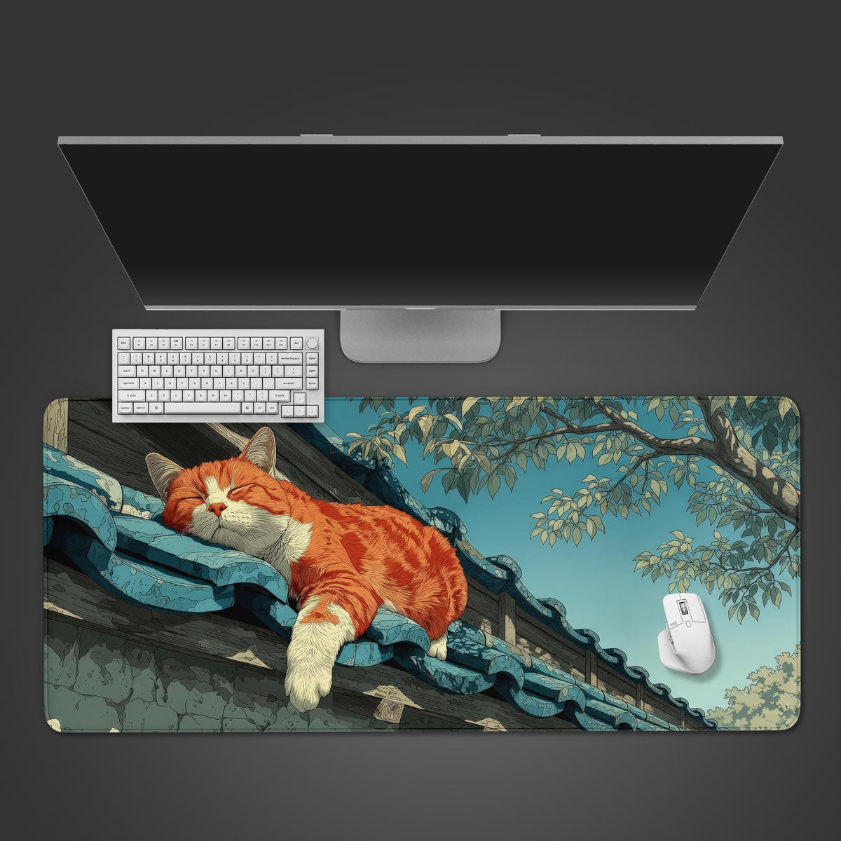 Anime Desk Mat – Rooftop Nap Cat on Japanese Roof, Large Mouse Pad ...