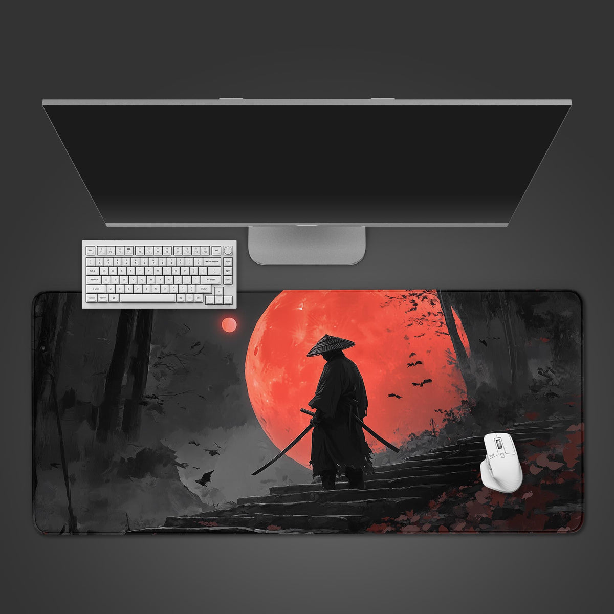 Samurai Desk Pad, Japanese Warrior Mat, Blood Moon Desk Mat, Ink-Wash ...
