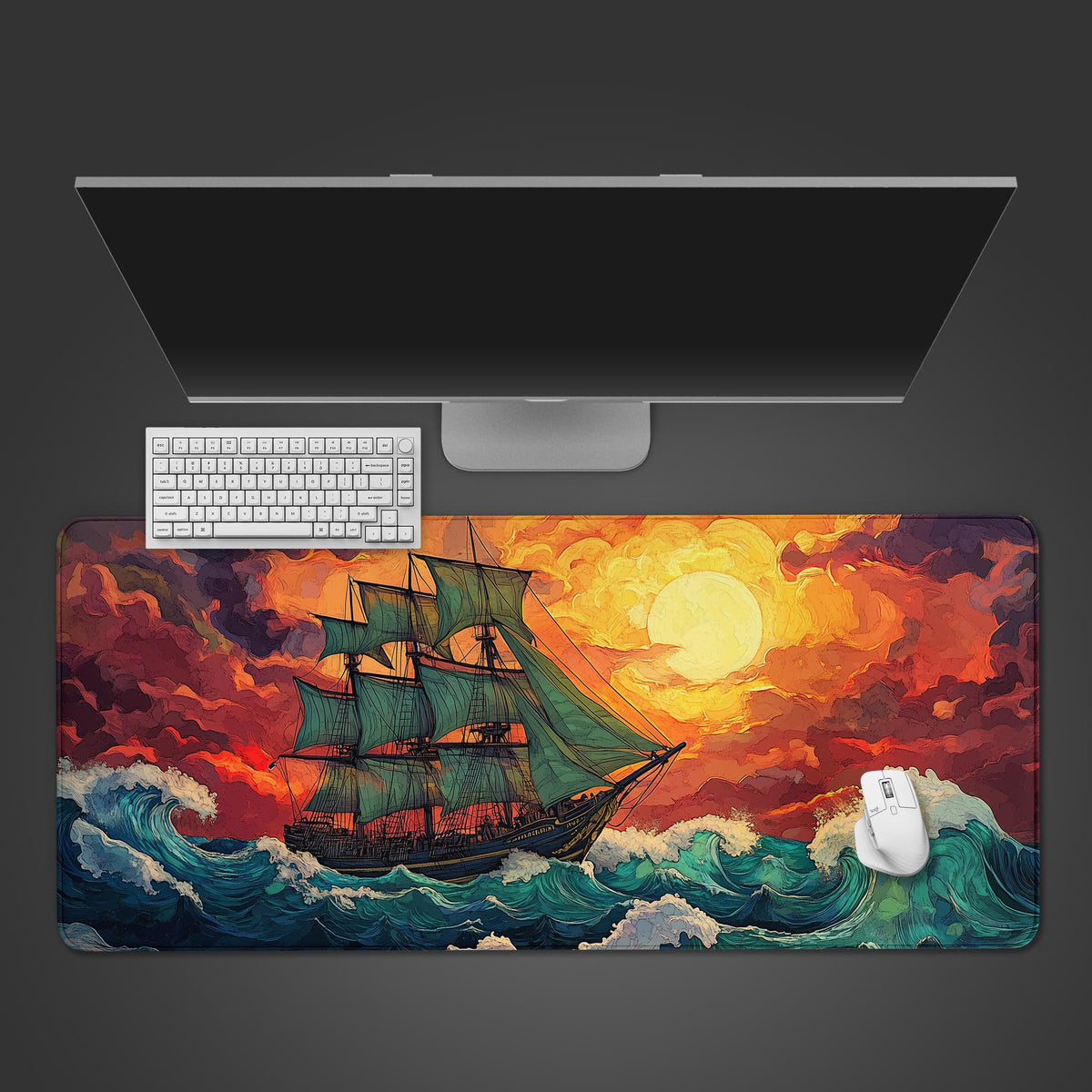 Stormy Seas Desk Pad, Sailing Ship Desk Mat, Ocean Waves Mousepad ...